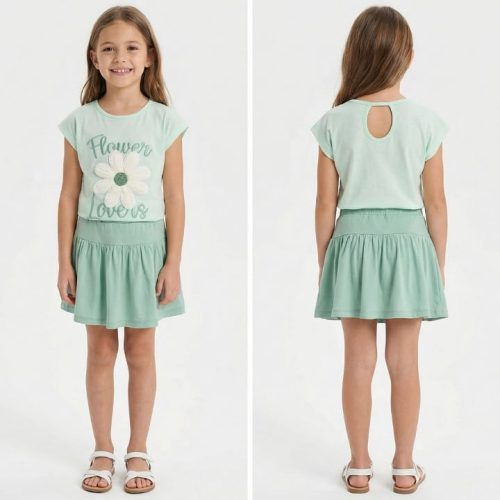 Girls Two Piece Flower Embossed Skirt Set (7-10Y) - Junior Kids